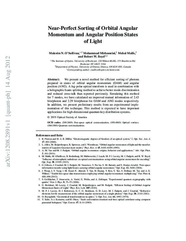 Pdf Near Perfect Sorting Of Orbital Angular Momentum A Step Towards High Dimensional Quantum