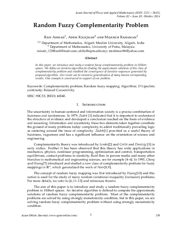 Pdf Random Fuzzy Complementarity Problem
