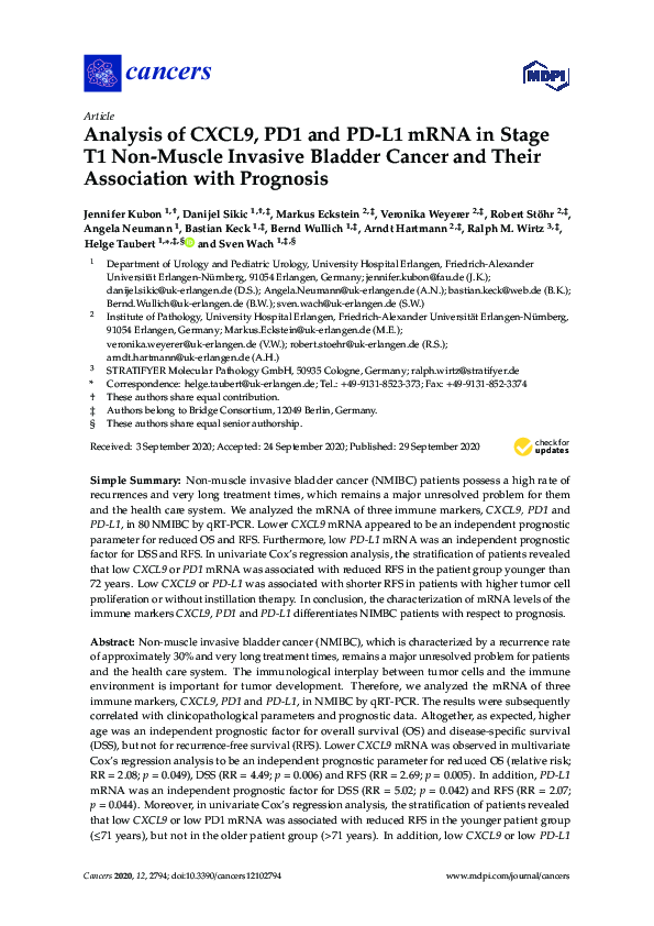 (PDF) Analysis of CXCL9, PD1 and PD-L1 mRNA in Stage T1 Non-Muscle Invasive Bladder Cancer and ...