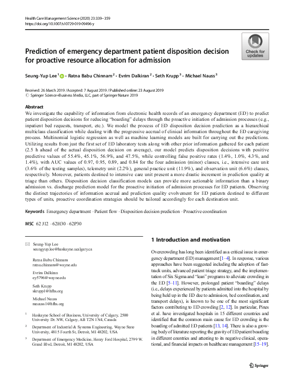 Pdf Prediction Of Emergency Department Patient Disposition Based On Natural Language