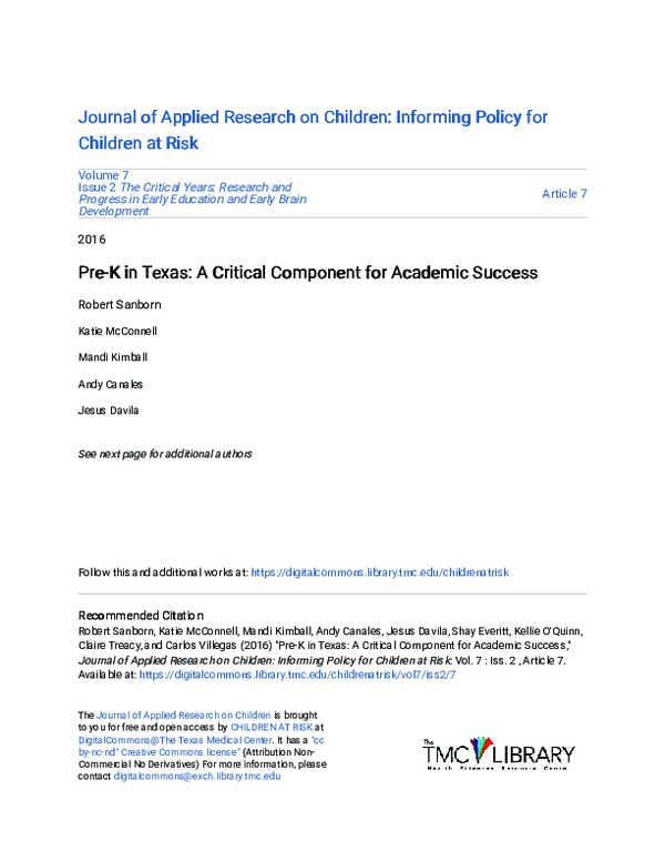 (PDF) Texas Pre-K: Key to Academic Success