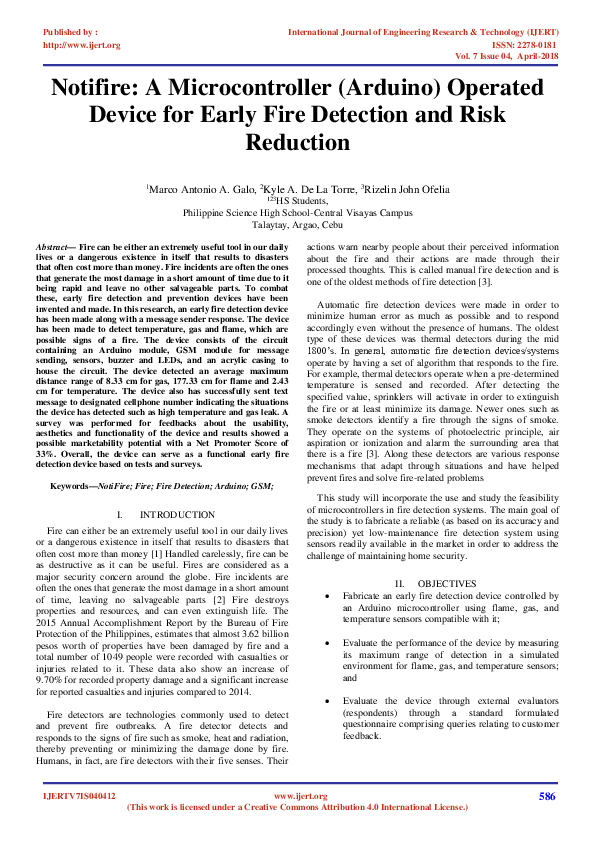 Pdf Notifire A Microcontroller Arduino Operated Device For Early Fire Detection And Risk