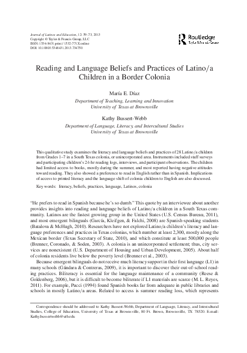 (PDF) Reading and Language Beliefs and Practices of Latino/a Children ...