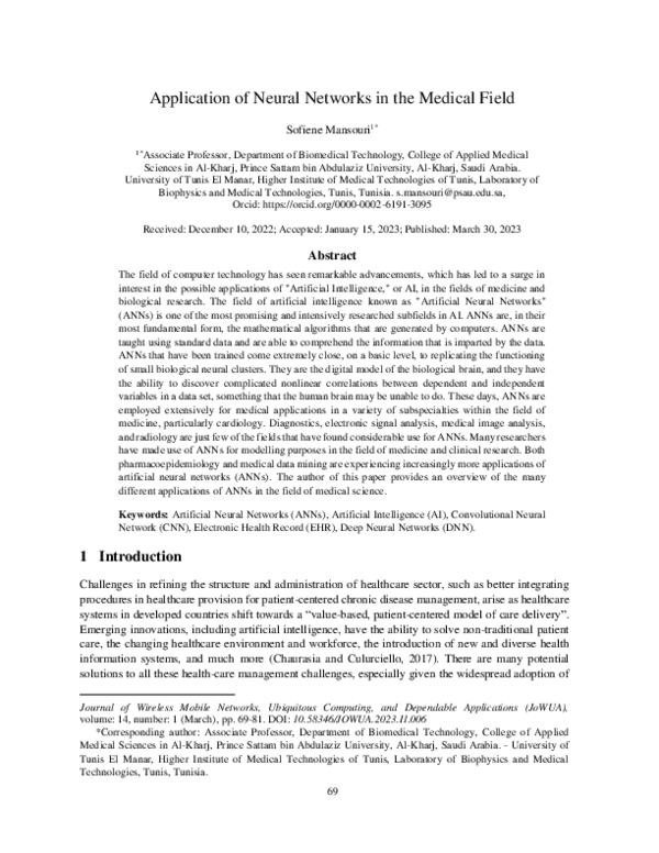 (PDF) Application of Neural Networks in the Medical Field