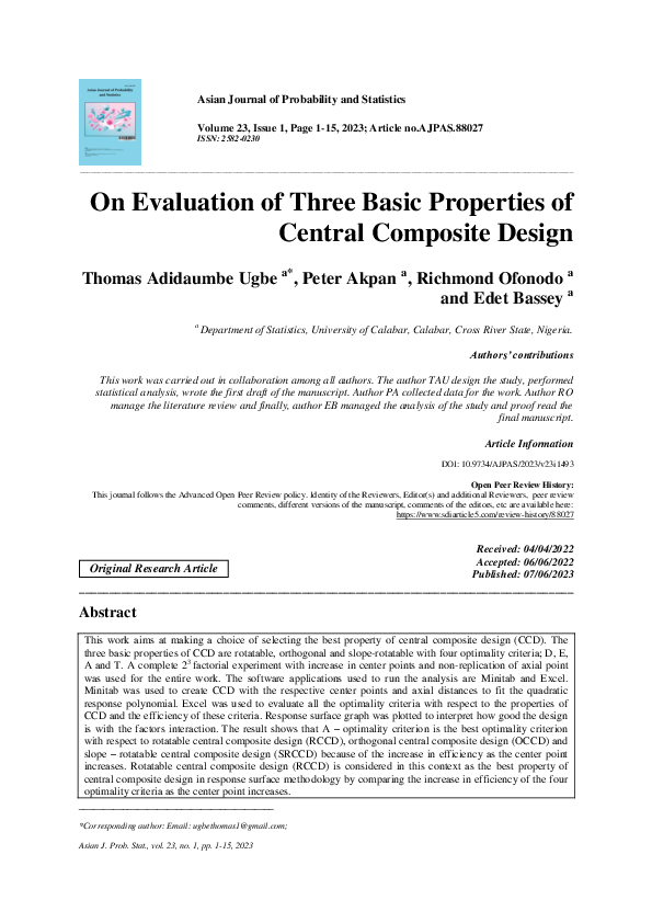 (PDF) On Evaluation of Three Basic Properties of Central Composite Design