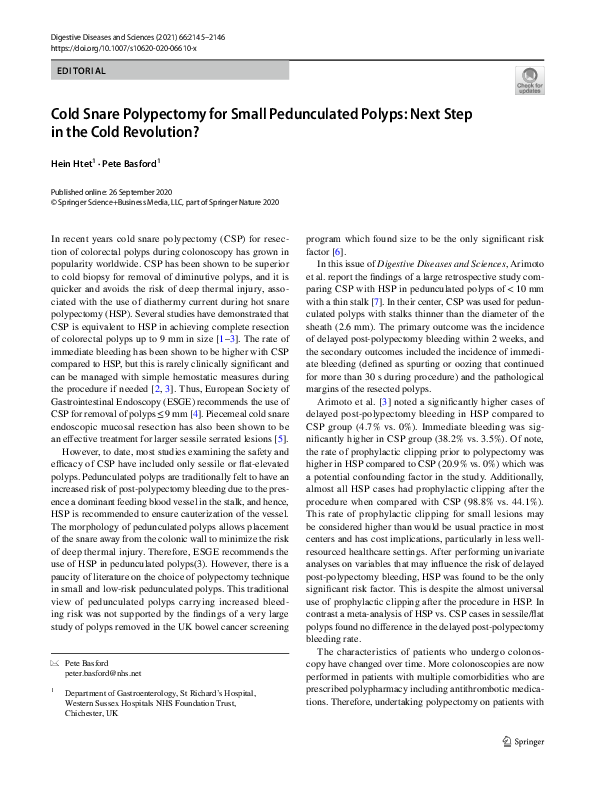 (PDF) Cold Snare Polypectomy for Small Pedunculated Polyps: Next Step ...