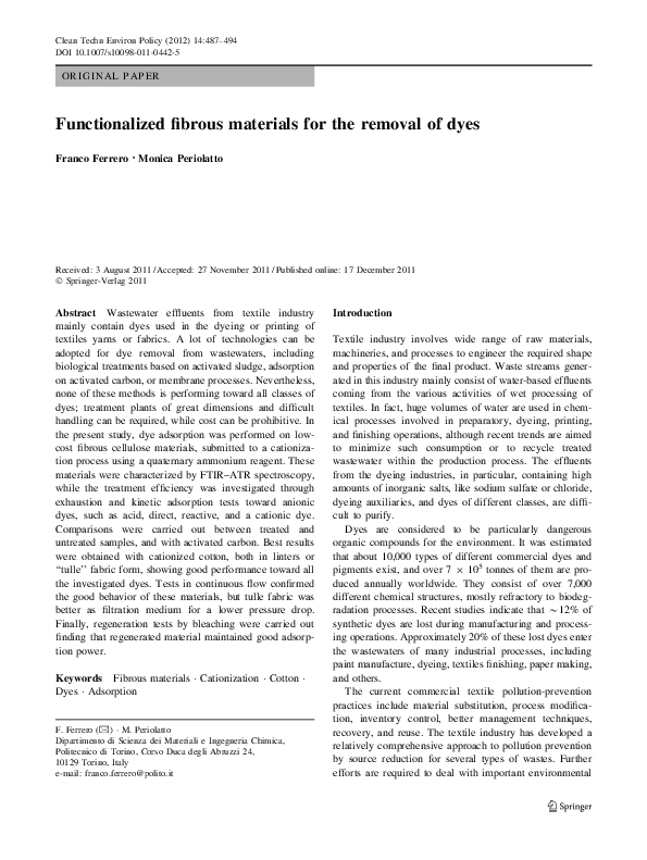 (PDF) Functionalized fibrous materials for the removal of dyes