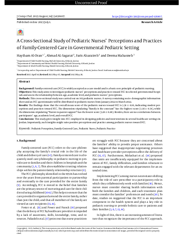 (PDF) A Cross-Sectional Study of Pediatric Nurses’ Perceptions and Practices of Family-Centered ...