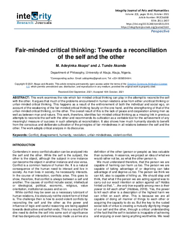 (PDF) Fair-minded critical thinking: Towards a reconciliation of the ...