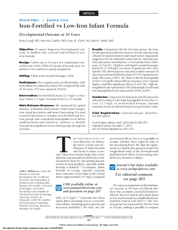(PDF) Iron-Fortified vs Low-Iron Infant Formula | Julia Smith ...