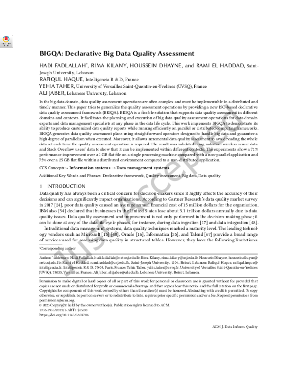 (PDF) BIGQA: Declarative Big Data Quality Assessment