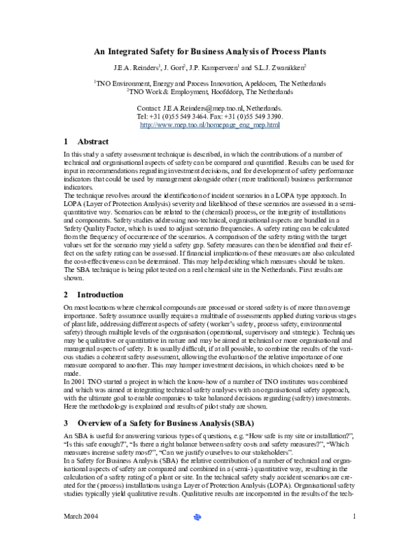 (PDF) An Integrated Safety for Business Analyses of Process Plants