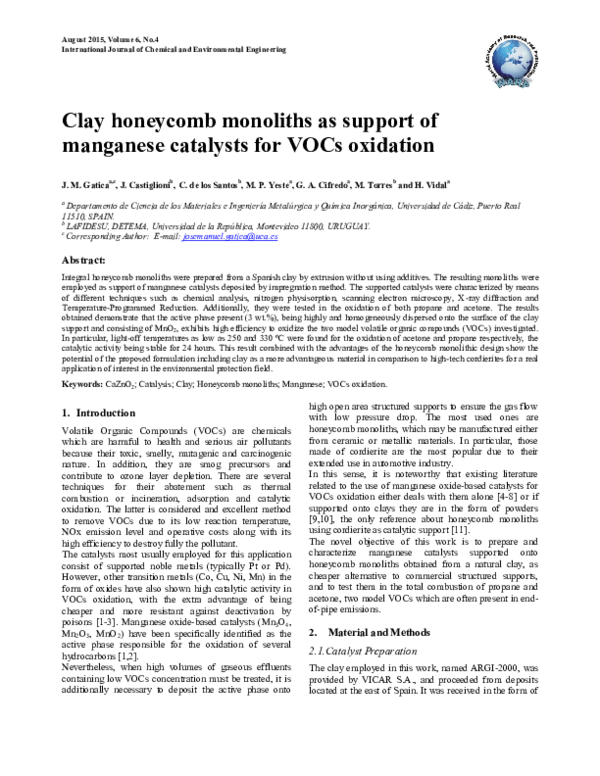 (PDF) Clay honeycomb monoliths as support of manganese catalysts for ...