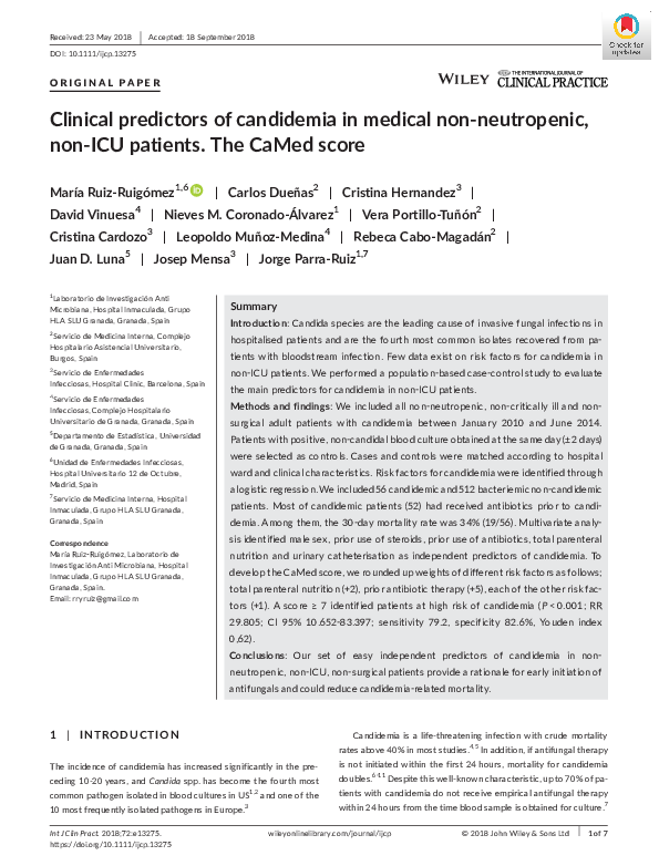 (PDF) Clinical predictors of candidemia in medical non-neutropenic, non ...