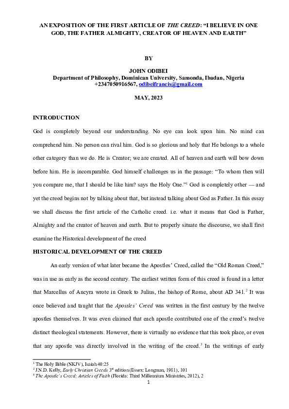 (DOC) AN EXPOSITION OF THE FIRST ARTICLE OF THE CREED: "I BELIEVE IN ...