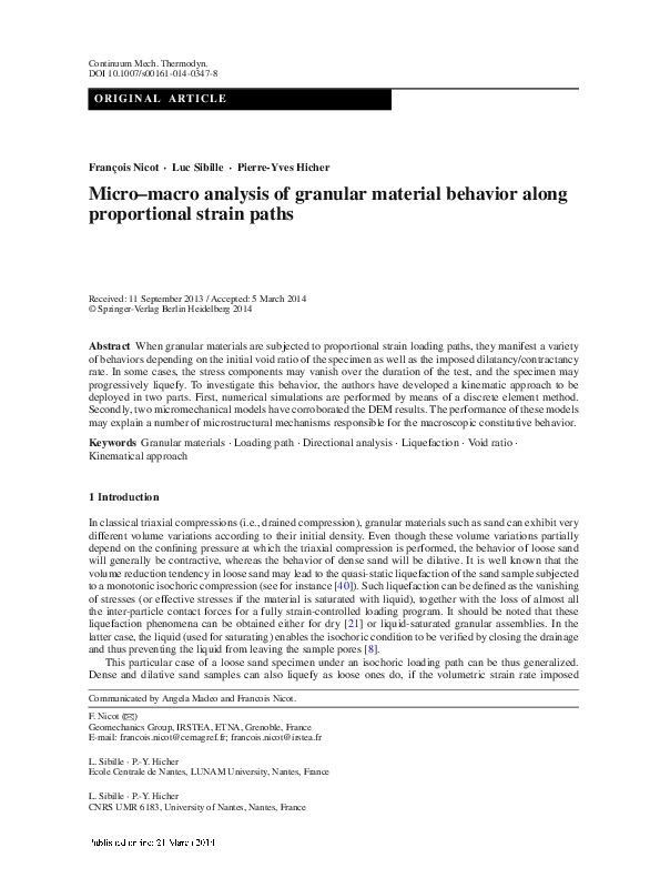 (PDF) Micro–macro analysis of granular material behavior along ...