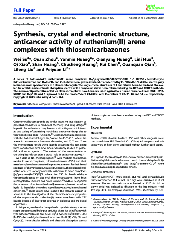 (PDF) Synthesis, crystal and electronic structure, anticancer activity of ruthenium(II) arene ...