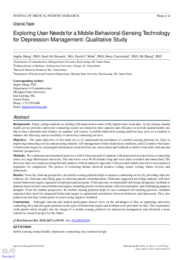 (PDF) Exploring User Needs for a Mobile Behavioral-Sensing Technology for Depression Management ...
