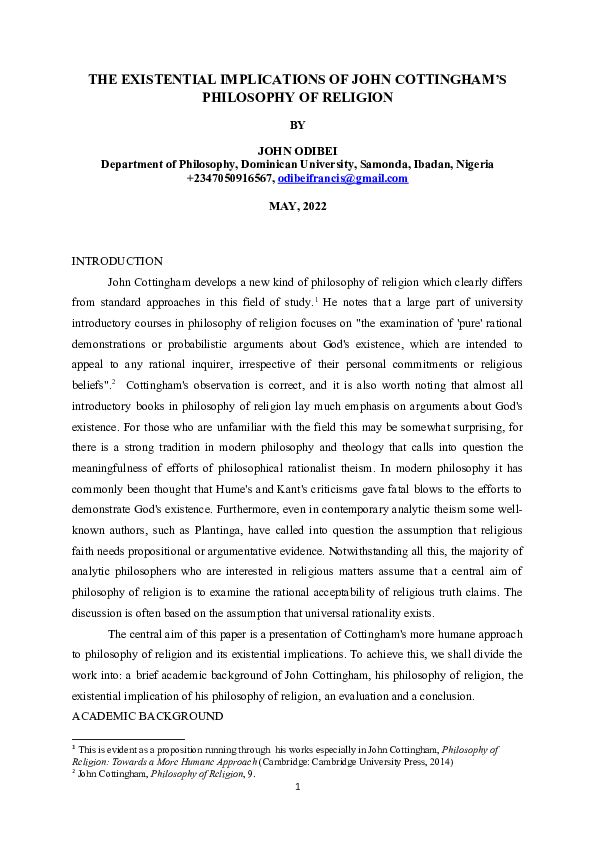 (DOC) THE EXISTENTIAL IMPLICATIONS OF JOHN COTTINGHAM'S PHILOSOPHY OF RELIGION