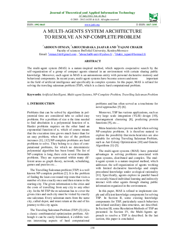 (PDF) A Multi-Agents System Architecture to Resolve an NP-Complete Problem