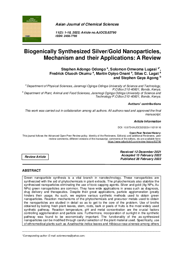 (PDF) Biogenically Synthesized Silver/Gold Nanoparticles, Mechanism and their Applications: A Review