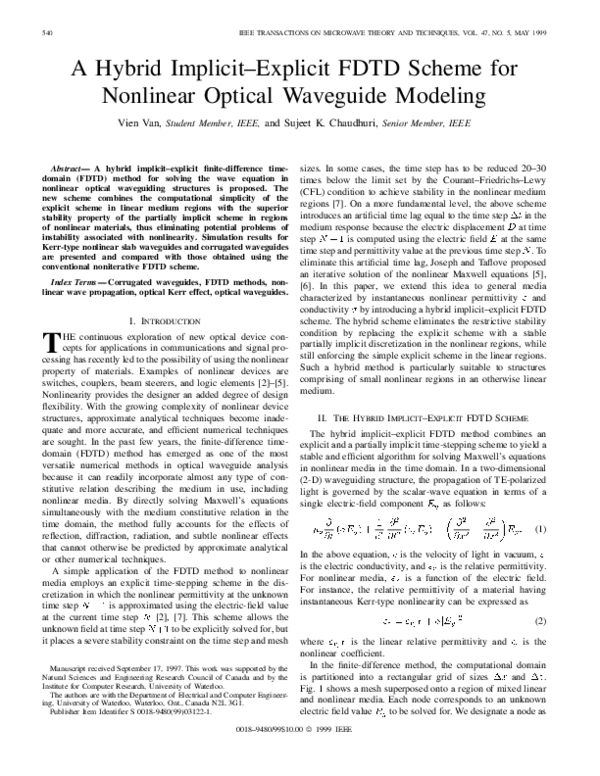 (PDF) A hybrid implicit-explicit FDTD scheme for nonlinear optical waveguide modeling | Vien Van ...