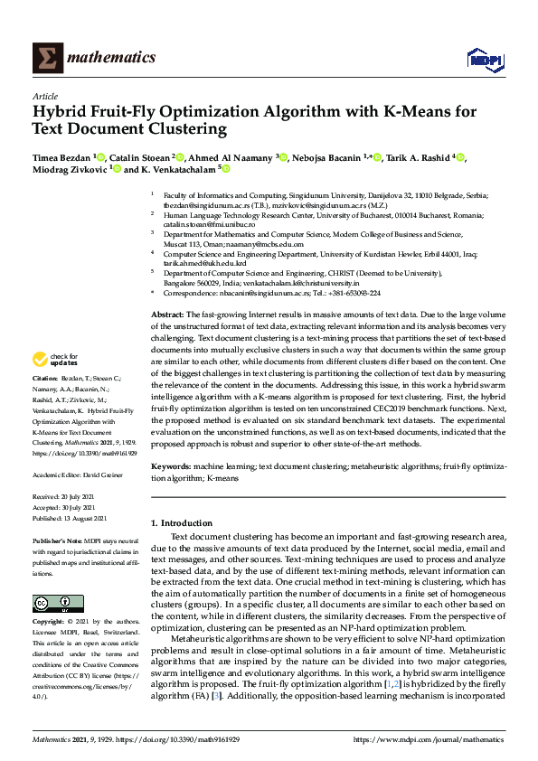 Pdf Hybrid Fruit Fly Optimization Algorithm With K Means For Text Document Clustering Timea 