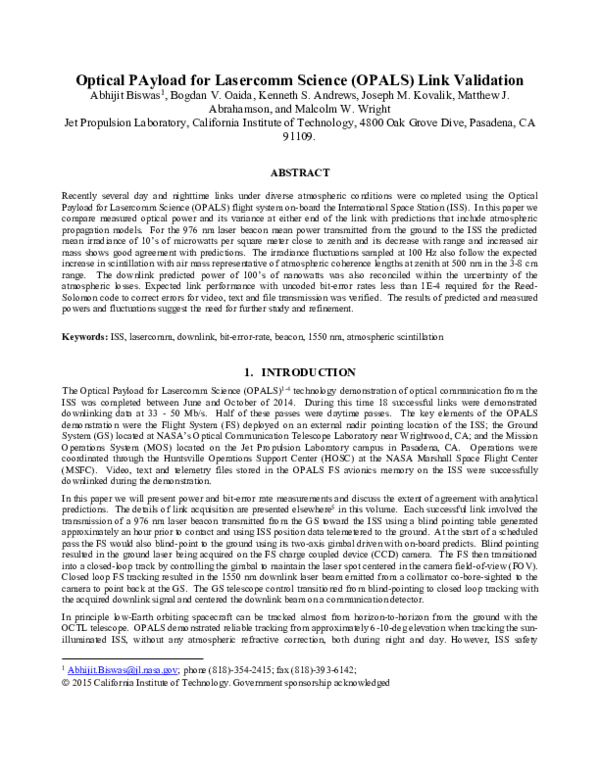 (PDF) Optical payload for lasercomm science (OPALS) link validation ...