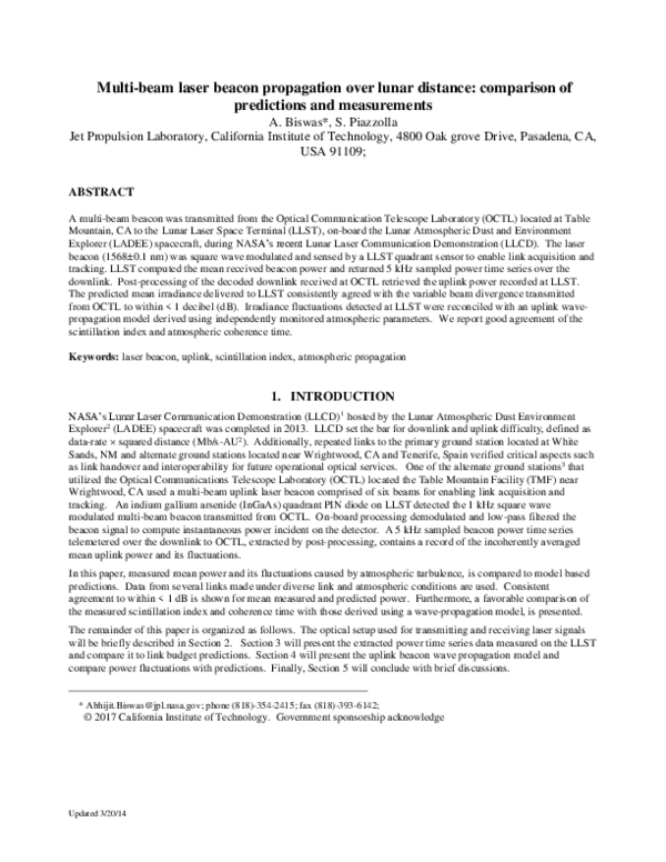 (PDF) Multi-beam laser beacon propagation over lunar distance ...