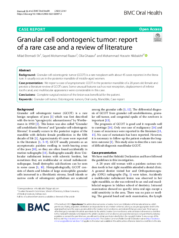 (PDF) Granular cell odontogenic tumor: report of a rare case and a ...
