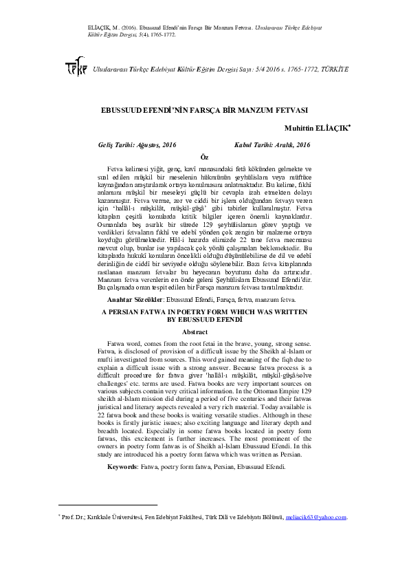 (PDF) A Persian Fatwa in Poetry Form Which Was Written by Ebussuud Efendi̇