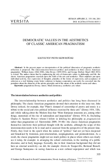 (PDF) Democratic values in the aesthetics of classic American pragmatism