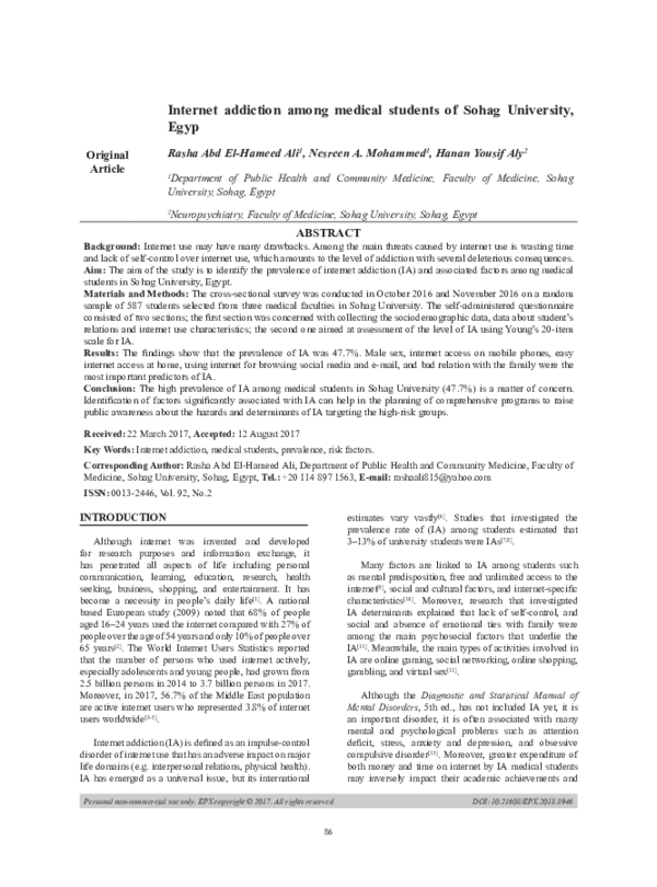 (PDF) Internet addiction among medical students of Sohag University, Egypt