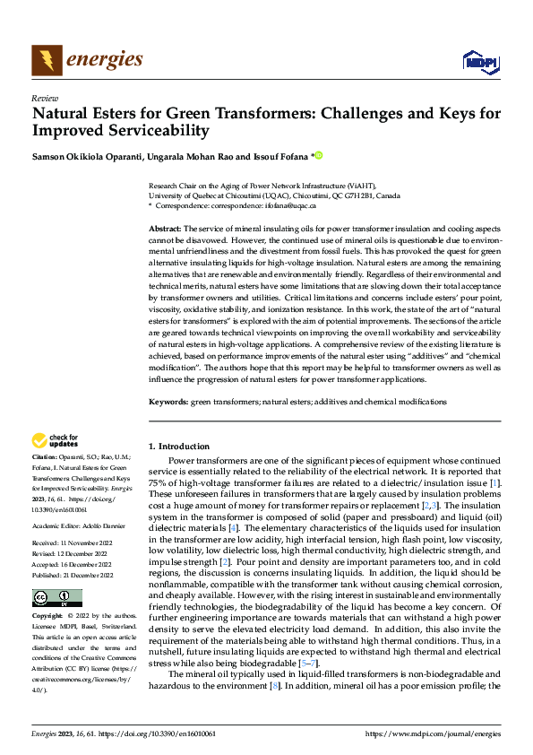 (PDF) Natural Esters for Green Transformers: Challenges and Keys for ...