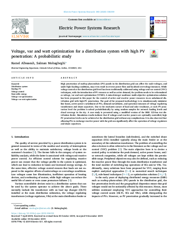 (PDF) Voltage, var and watt optimization for a distribution system with high PV penetration: A ...