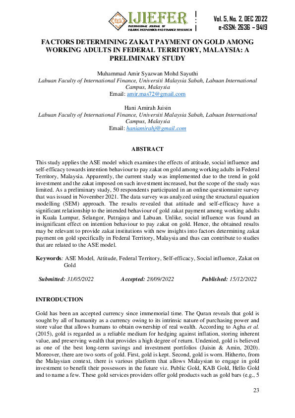 (PDF) Factors Determining Zakat Payment on Gold Among Working Adults in Federal Territory ...