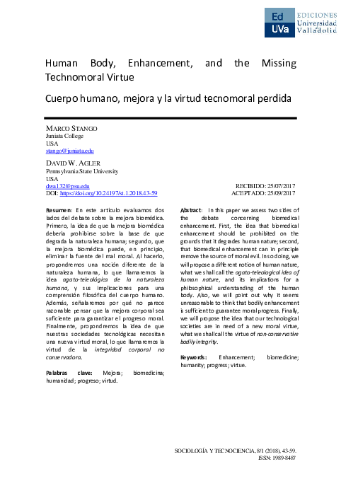 (PDF) Human Body, Enhancement and the Missing Technomoral Virtue