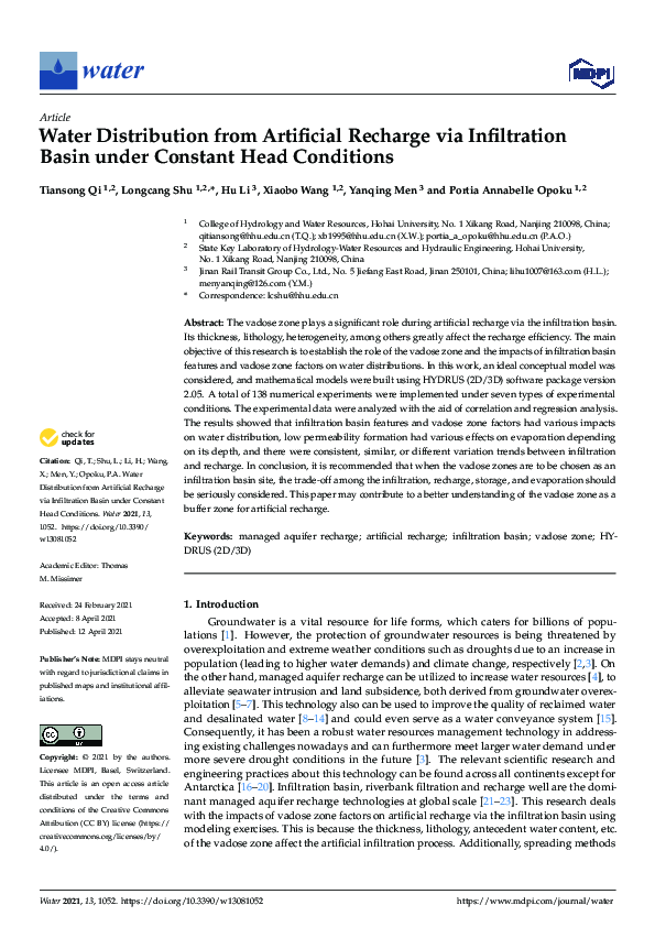 (PDF) Water Distribution from Artificial Recharge via Infiltration ...