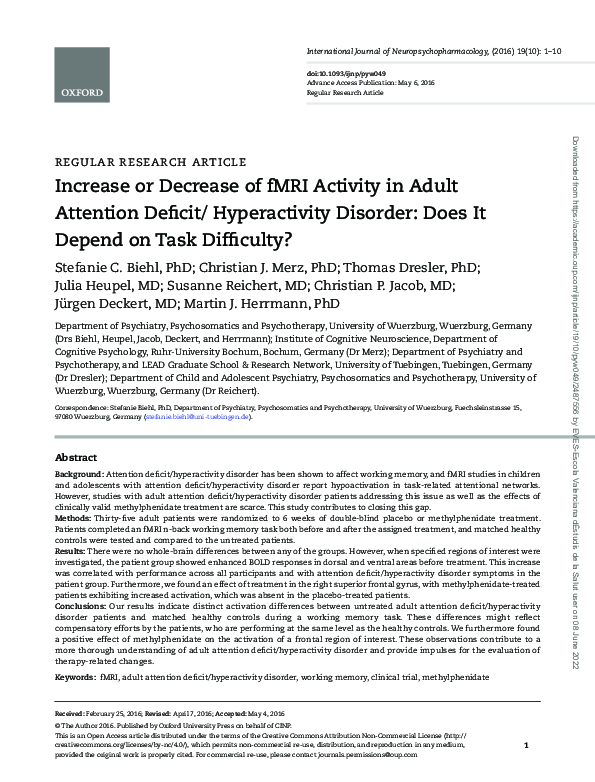 (PDF) Increase or Decrease of fMRI Activity in Adult Attention Deficit ...