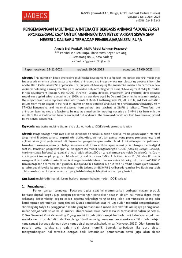 (PDF) Pengembangan Multimedia Interaktif Berbasis Animasi “Adobe Flash Professional CS6” Untuk ...