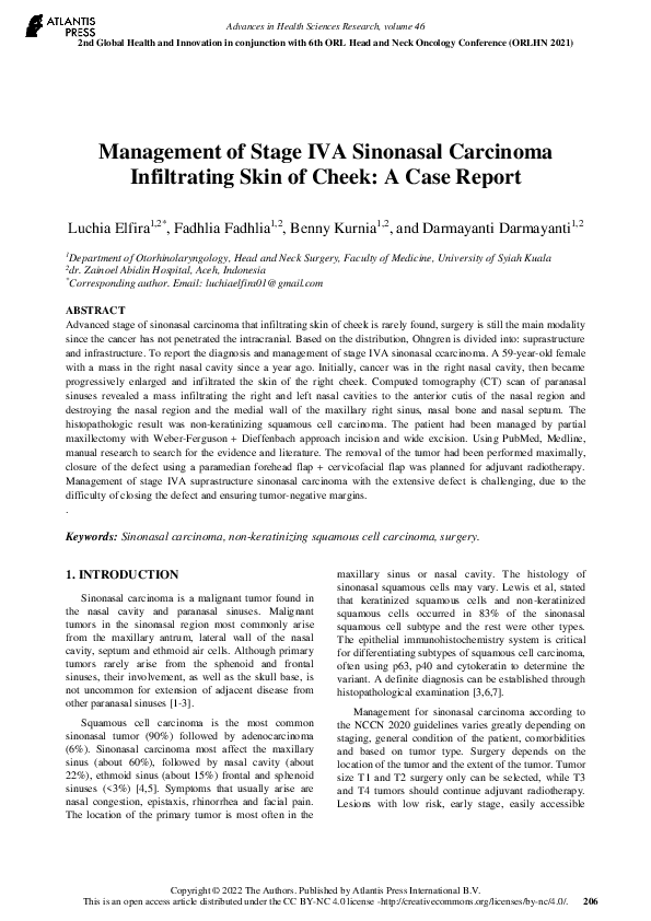 (PDF) Management of Stage IVA Sinonasal Carcinoma Infiltrating Skin of ...
