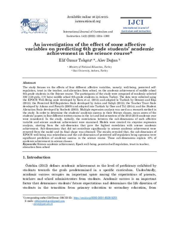 (PDF) An investigation of the effect of some affective variables on predicting 6th grade ...