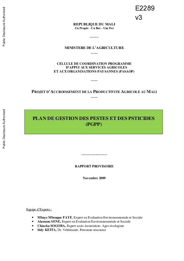 (PDF) Plan de gestion des pestes et des psticides (PGPP)
