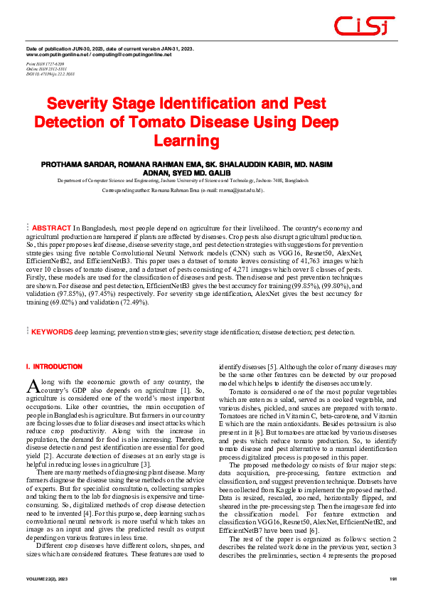 (PDF) Severity Stage Identification and Pest Detection of Tomato Disease Using Deep Learning