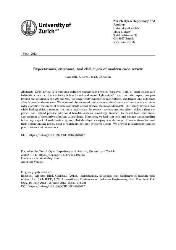 (PDF) Expectations, outcomes, and challenges of modern code review