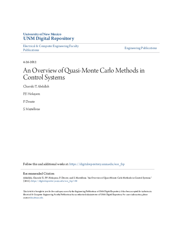 (PDF) An Overview of Quasi-Monte Carlo Methods in Control Systems