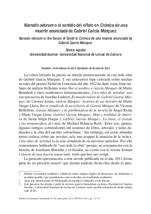 (PDF) Narratio odorum o el sentido del olfato en Crónica de una muerte ...