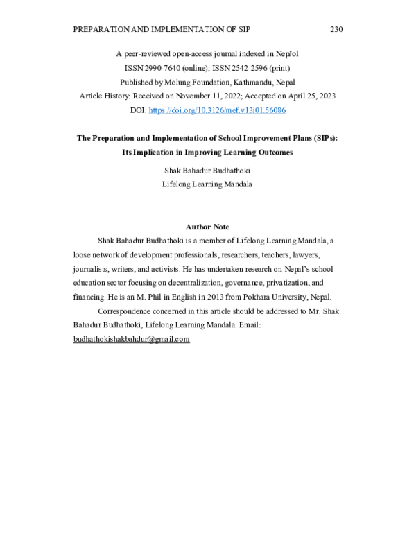 (PDF) The Preparation and Implementation of School Improvement Plans (SIPs): Its Implication in ...