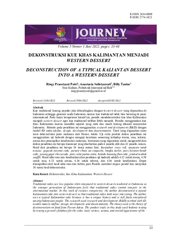(PDF) Dekonstruksi Kue Khas Kalimantan Menjadi Western Dessert