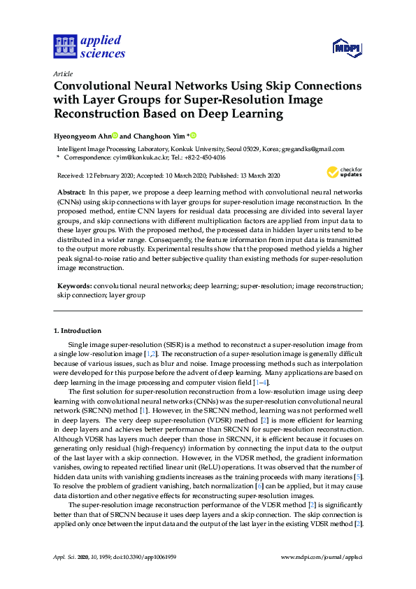 (PDF) Convolutional Neural Networks Using Skip Connections with Layer Groups for Super ...